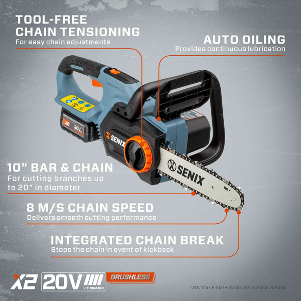 20 Volt Max* 10-Inch Cordless Chain Saw (Tool Only), CSX2-M-0 – SENIX Tools
